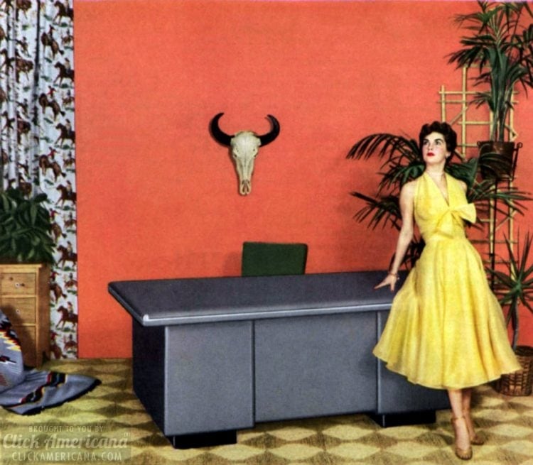 Vintage 1950s office furniture & sleek mid-century modern desks show ...