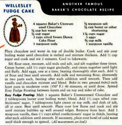 Baker's Chocolate Wellesley fudge cake recipe (1941) - Click Americana