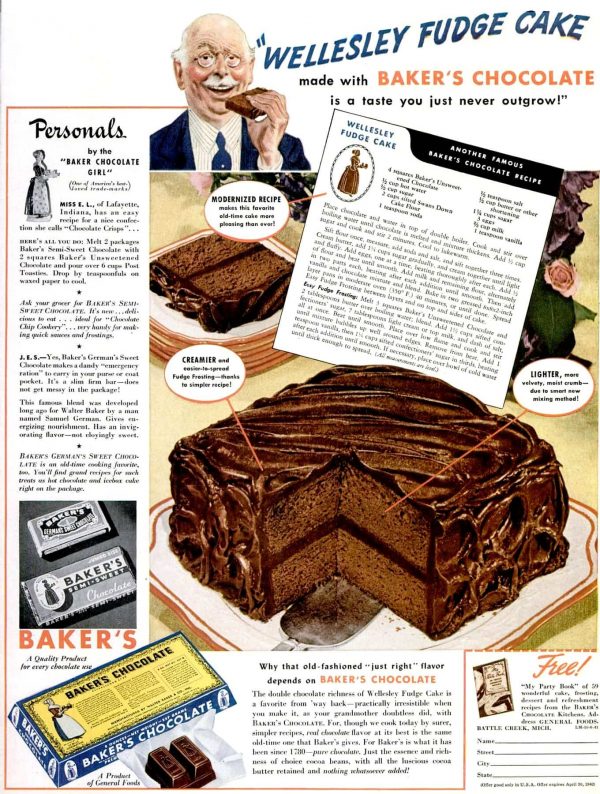 Baker's Chocolate Wellesley fudge cake recipe (1941) - Click Americana