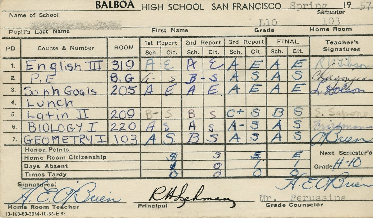 Vintage 1950s San Francisco junior high & high school report cards from ...