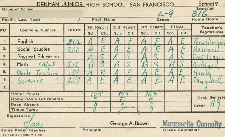 Vintage 1950s San Francisco junior high & high school report cards from ...