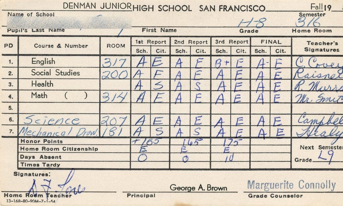 Vintage 1950s San Francisco junior high & high school report cards from ...