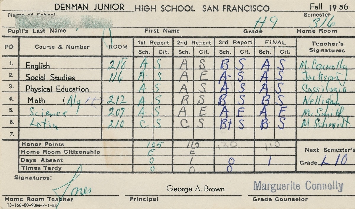 Vintage 1950s San Francisco junior high & high school report cards from ...