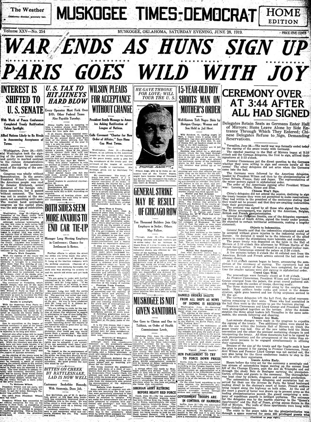 Peace declared: Newspaper headlines from the very end of WWI in 1919 ...