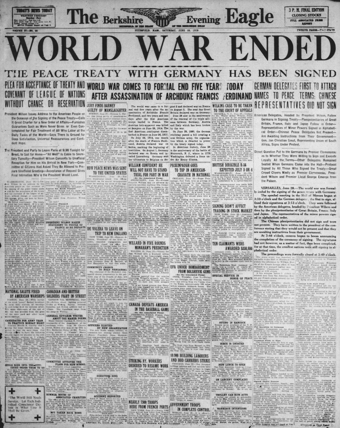 Peace declared: Newspaper headlines from the very end of WWI in 1919 ...