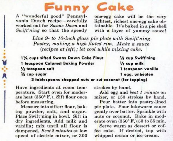 Funny Cake recipe: A Pennsylvania Dutch dessert (1949) - Click Americana