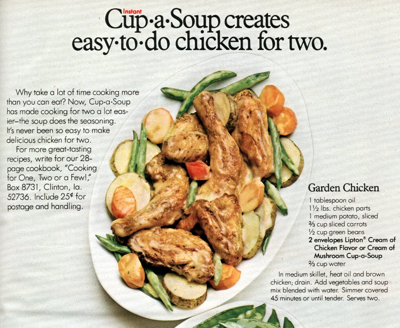 Garden chicken for two, made with soup mix (1982) - Click Americana