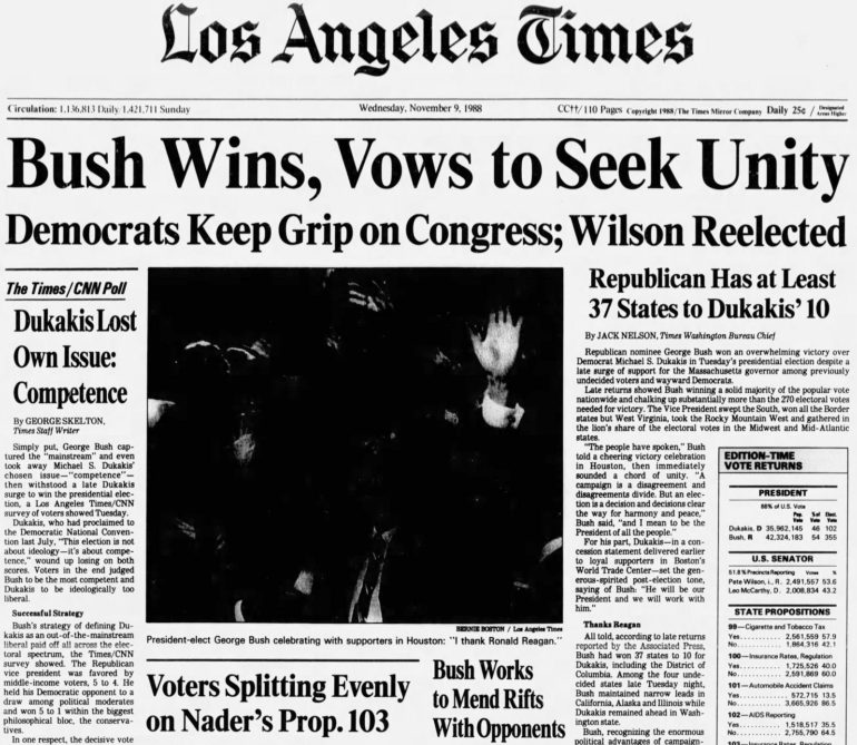 Bush elected President: Headlines from George H W Bush's presidential ...