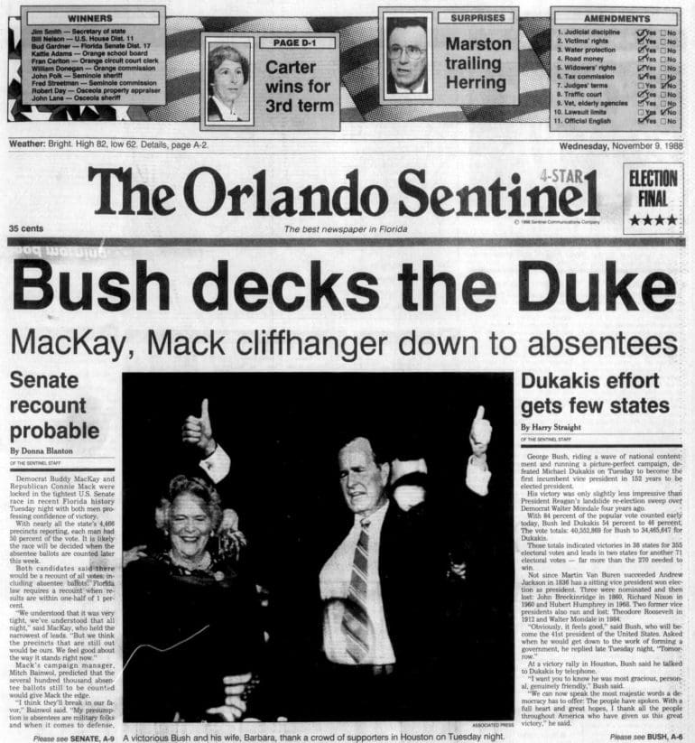 Bush elected President: Headlines from George H W Bush's presidential ...