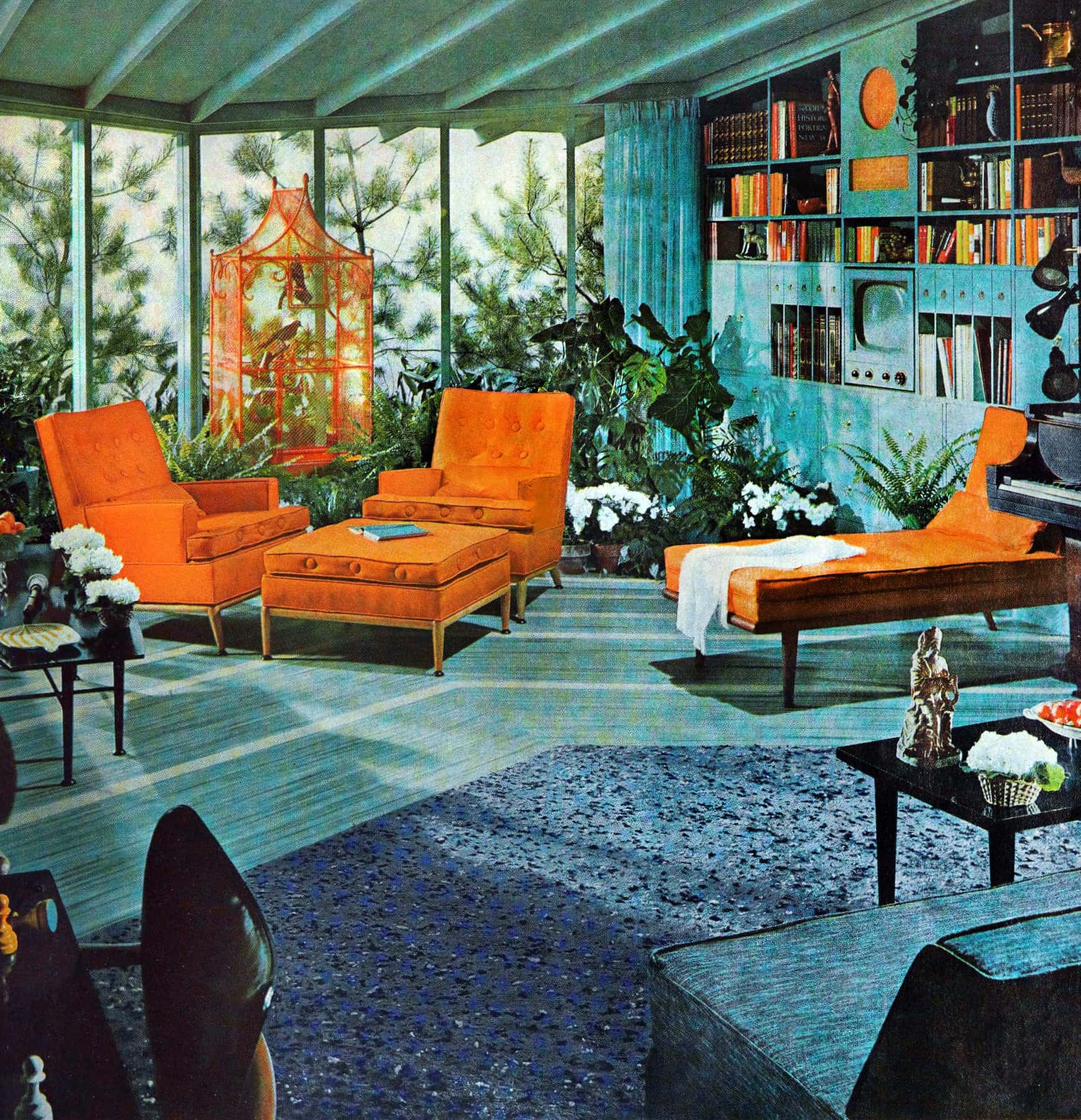 This bright 50s living room had a full-height window wall open to ...