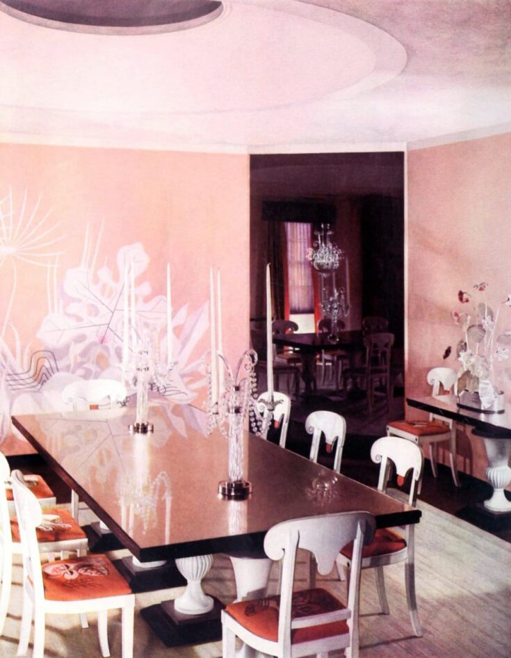 With its huge wall graphic, this formal 1970s dining room mixed mod ...