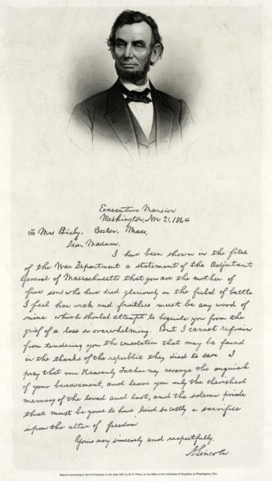 Abraham Lincoln's letter of condolence to Mrs Bixby, who lost sons in ...