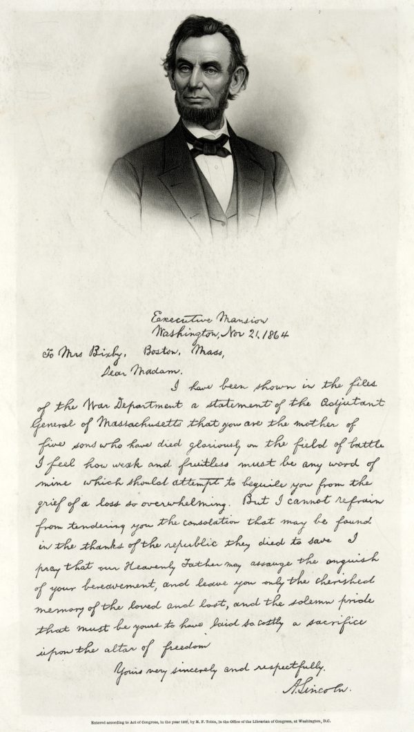 Abraham Lincoln's letter of condolence to Mrs Bixby, who lost sons in ...