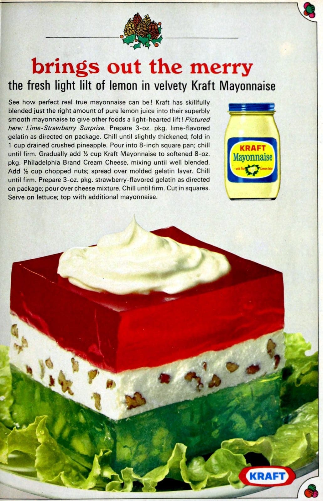 Lime-strawberry surprise! Striped gelatin plus cream cheese & mayo ...