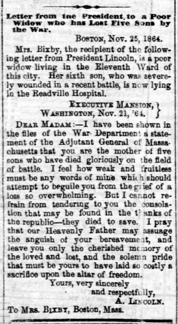 Abraham Lincoln's letter of condolence to Mrs Bixby, who lost sons in ...