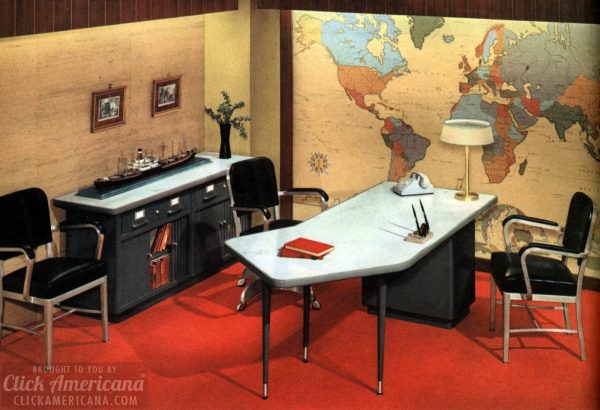 Vintage 1950s office furniture & sleek mid-century modern desks show ...