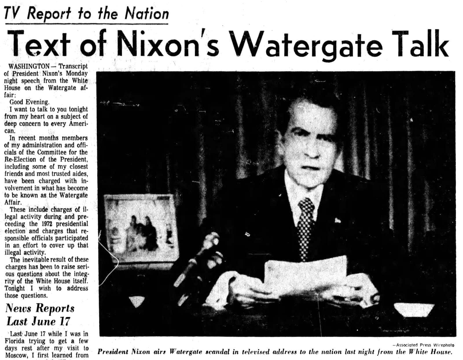 Richard Nixon's first Watergate speech - Text & video (1973) - Click ...