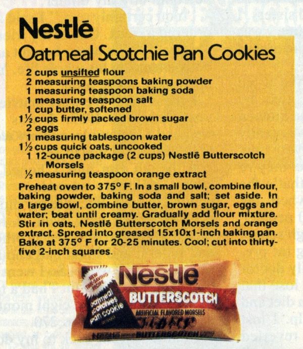 Oatmeal Scotchie bar cookies recipe from 1982 - Click Americana