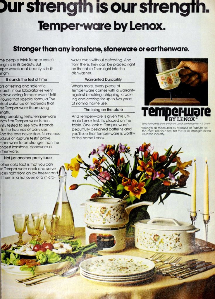 Lenox Temper-ware informal dinnerware sets from the '70s came in 8 patterns - Click Americana
