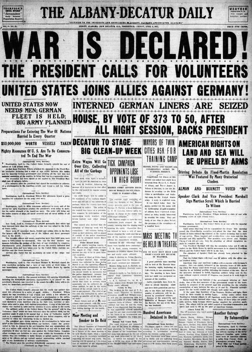 US joins World War I: Headlines declaring war (1917) - Click Americana