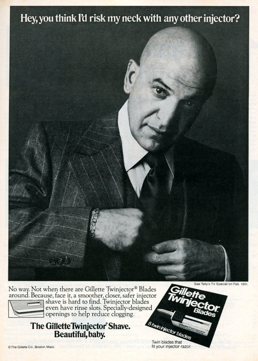 Kojak star Telly Savalas asked, 'Who loves Gillette razors, baby ...