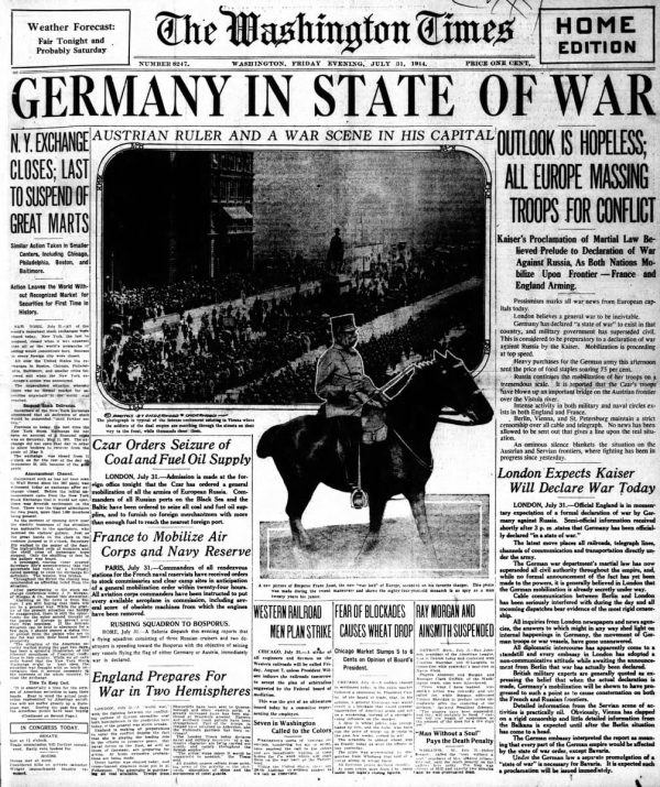 War declared: American newspaper headlines from the very start of WWI ...