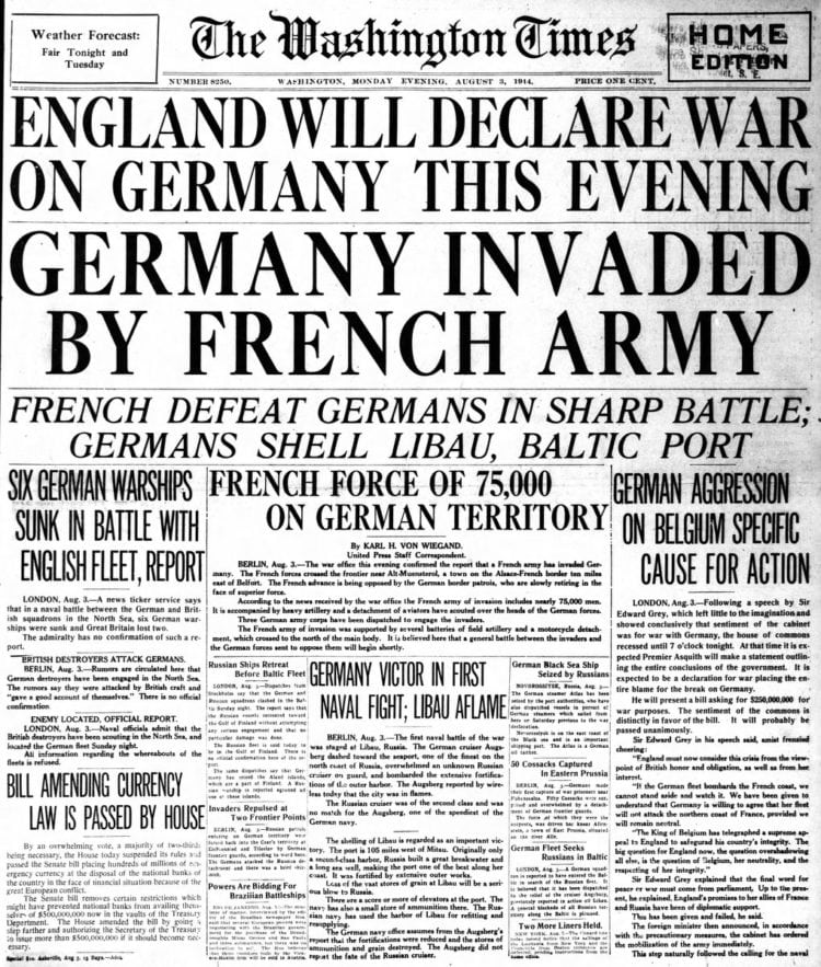 War declared: American newspaper headlines from the very start of WWI ...