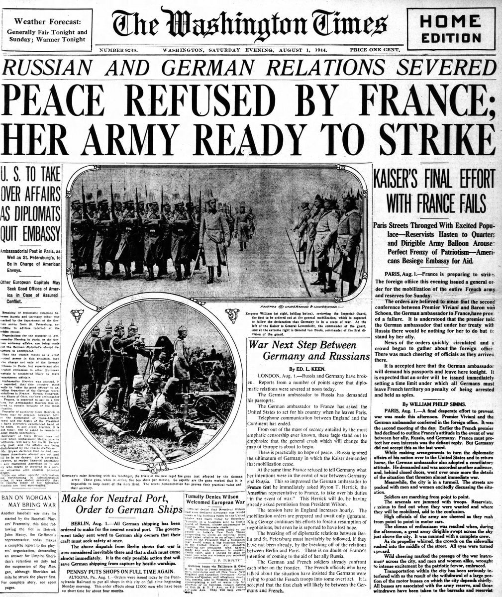 War declared: American newspaper headlines from the very start of WWI ...