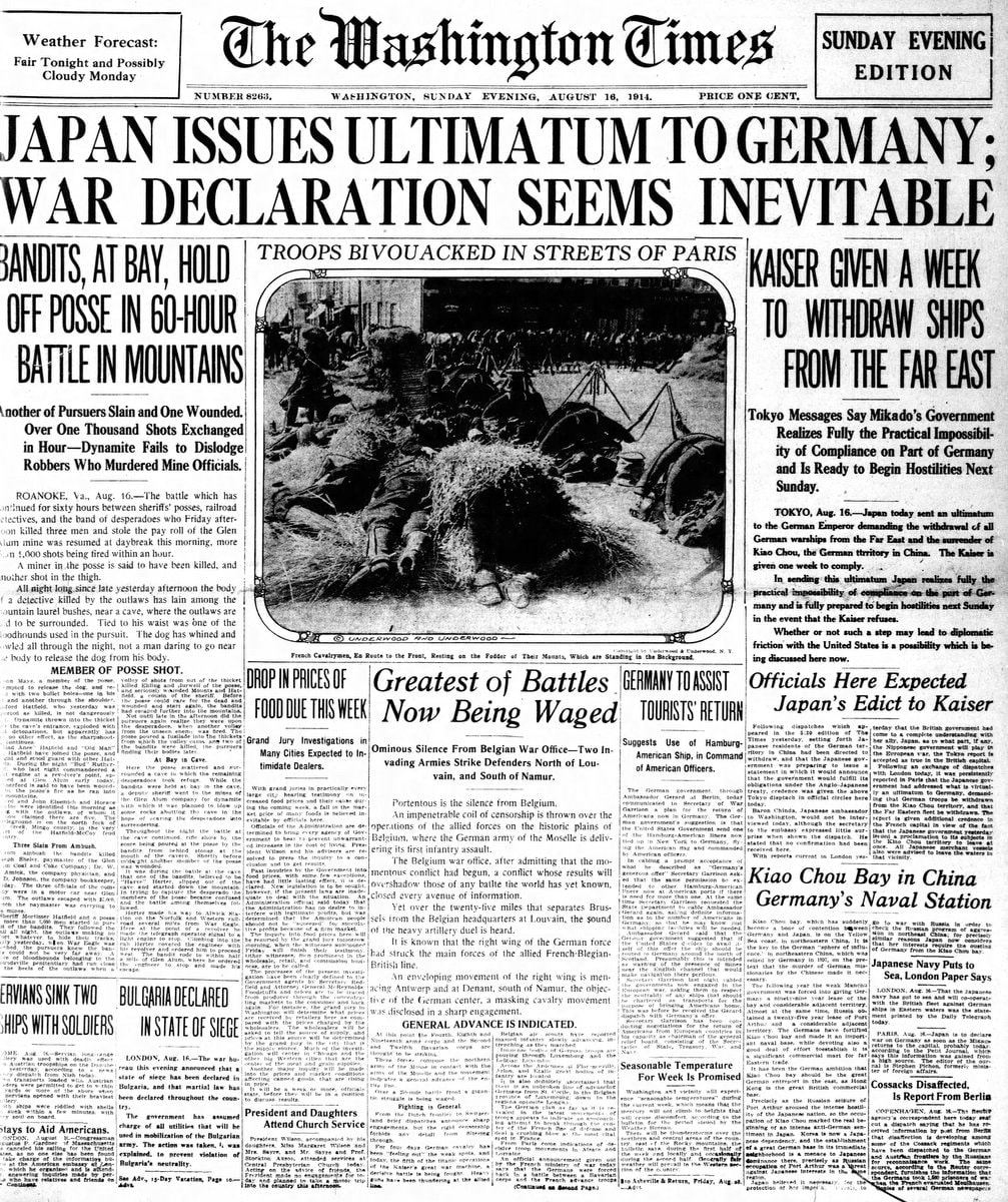 War declared: American newspaper headlines from the very start of WWI ...