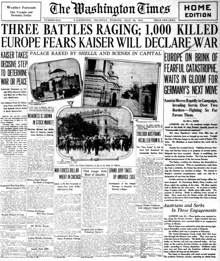 War declared: American newspaper headlines from the very start of WWI ...