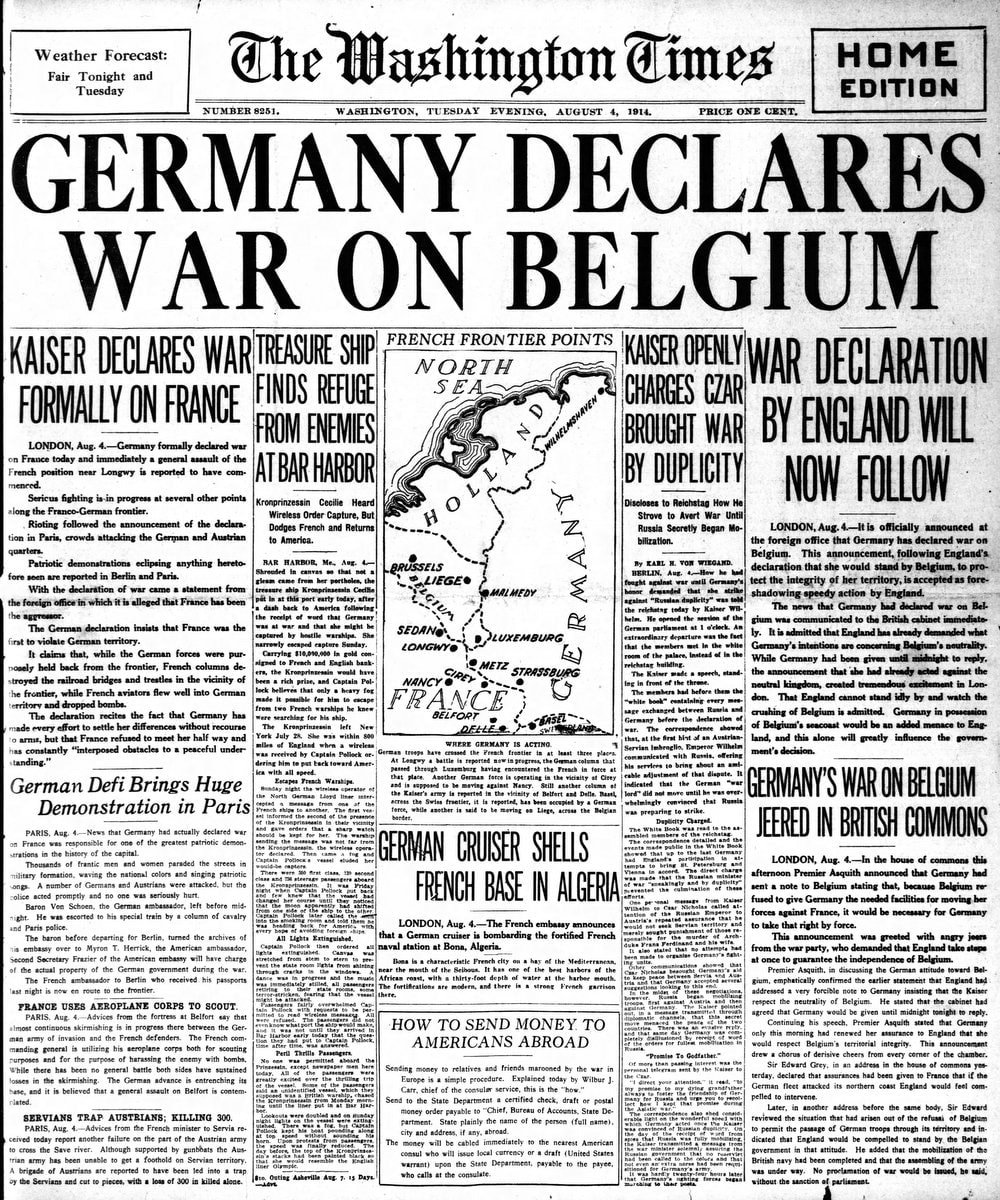 War declared: American newspaper headlines from the very start of WWI ...