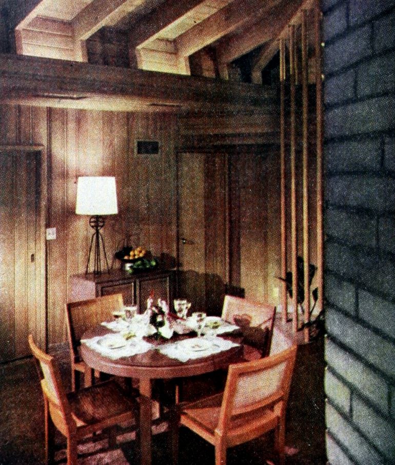 This unique hexagonal living room had a hexagonal fireplace, too ...