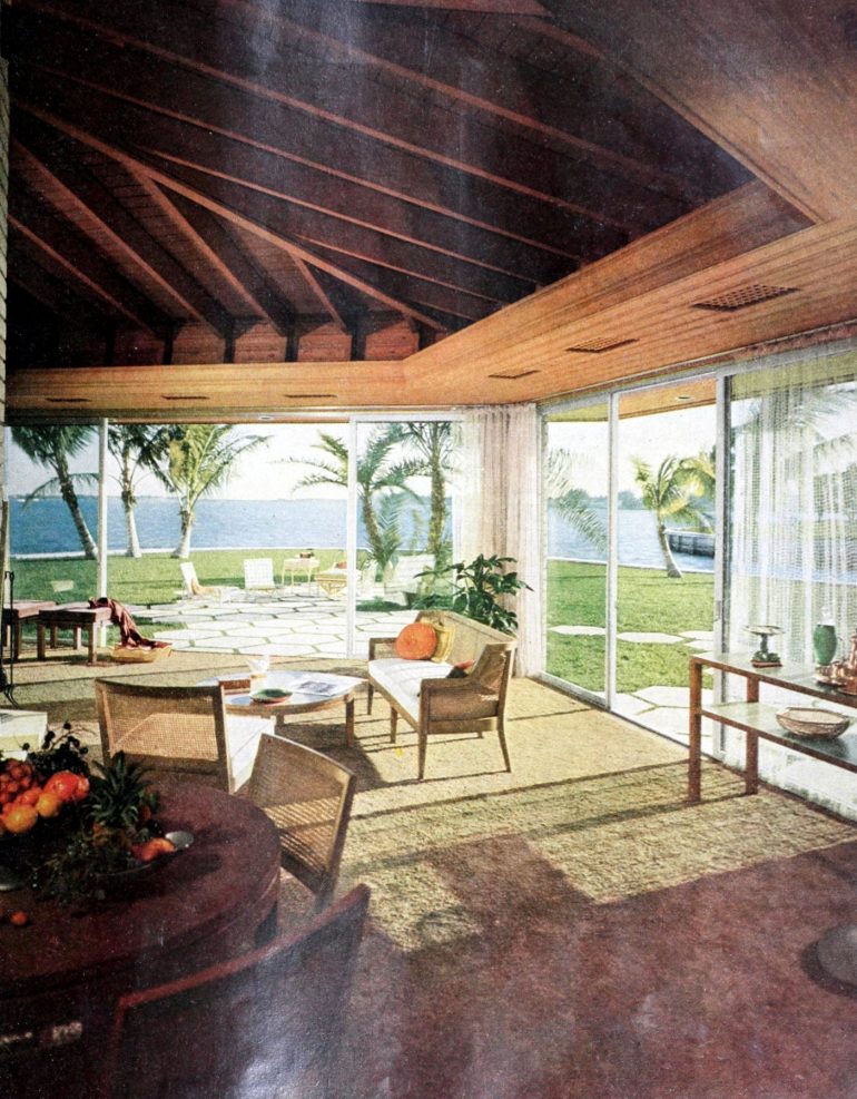 This unique hexagonal living room had a hexagonal fireplace, too ...