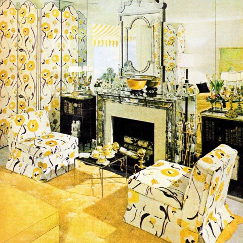 A mirrored fireplace wall made this 1960s living room a great place to ...