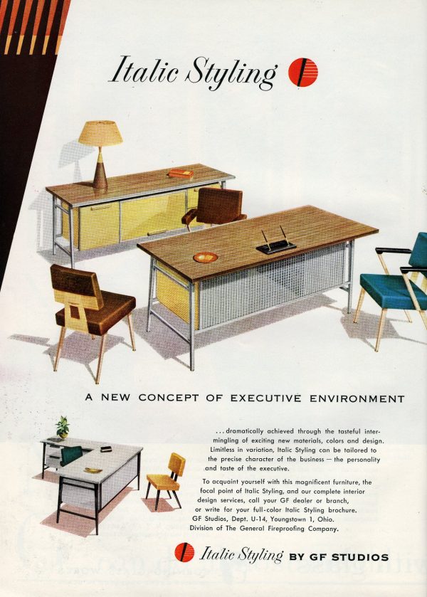 Vintage 1950s office furniture & sleek mid-century modern desks show ...
