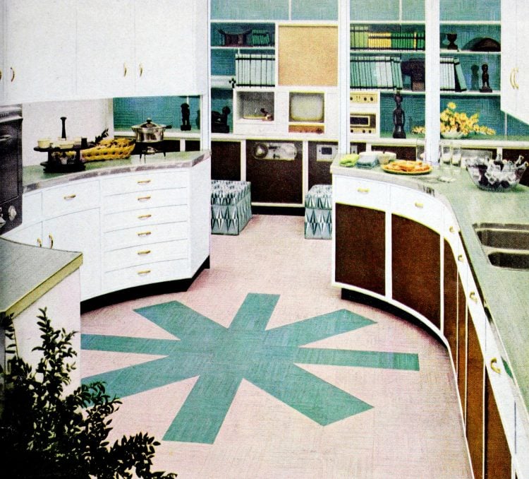 See a rounded 1950s kitchen with a pink floor & inset turquoise star ...