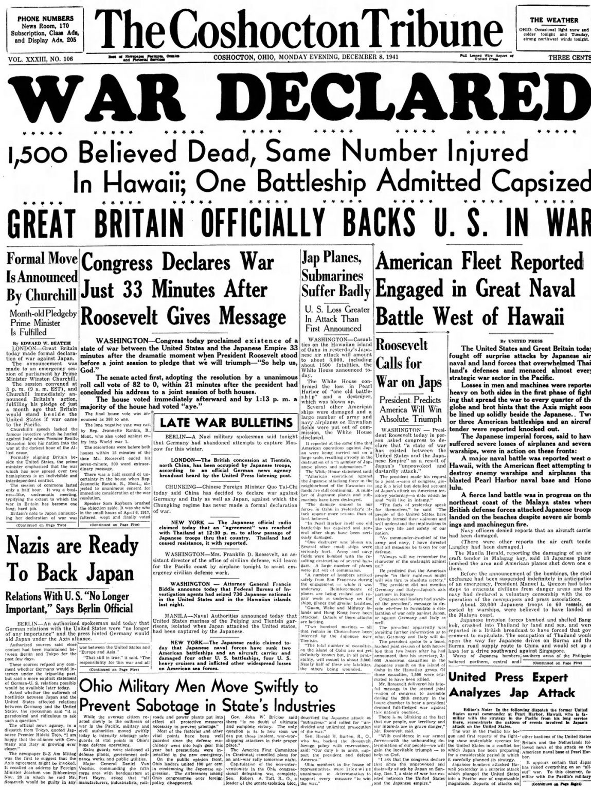 Headlines & photos: Japan bombs Pearl Harbor in Hawaii - US declares ...