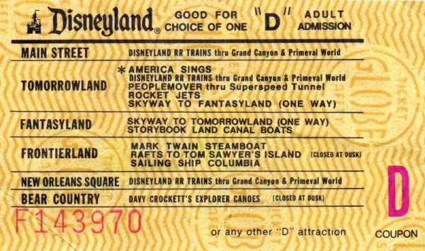 Vintage Disneyland tickets: The A B C D E rides and attractions at the ...