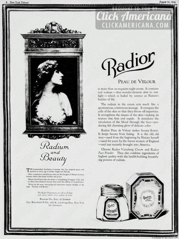 Bad idea department: Radioactive face cream & radium face powder (1919 ...