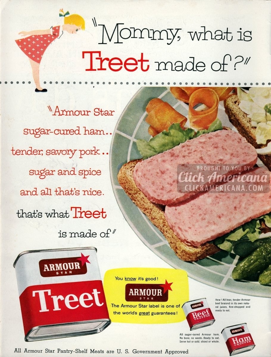 Treet: Spam-like sugar-cured ham from Armour (1955) - Click Americana